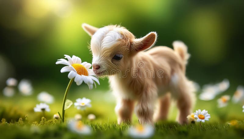 Baby Miniature Goat Next To a Daisy in the Field Stock Illustration ...