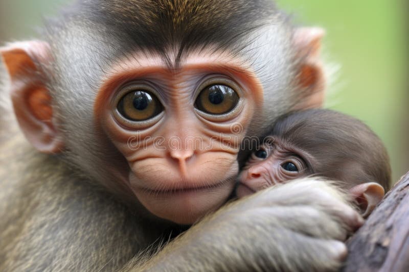 A Baby Monkey in a Comforting Hug with Adult Monkey Stock Photo - Image ...
