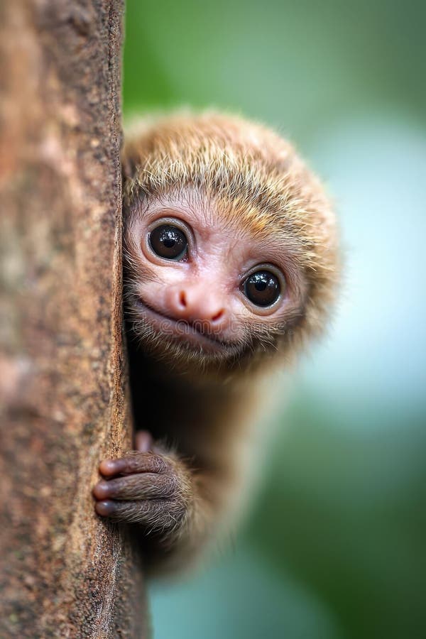 A Baby Monkey Gazes Out from Behind a Tree Branch, Its Head Extending ...