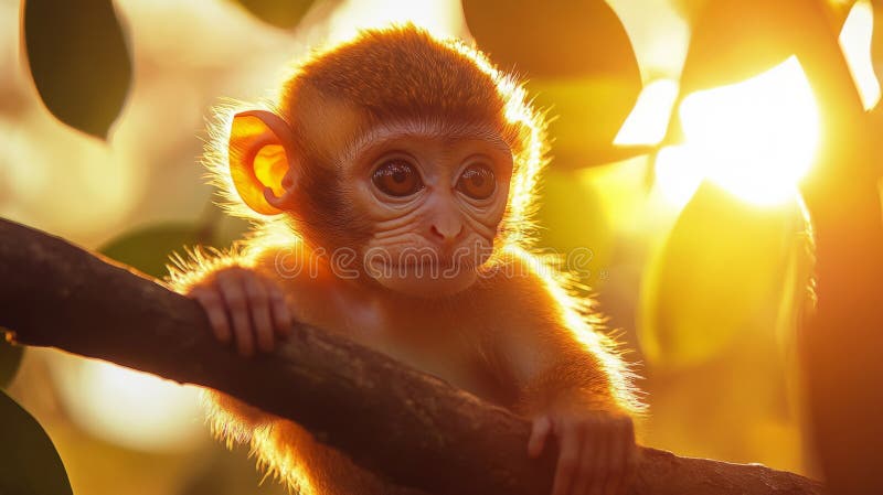 Baby Monkey in Golden Sunlight on Tree Branch Stock Illustration ...