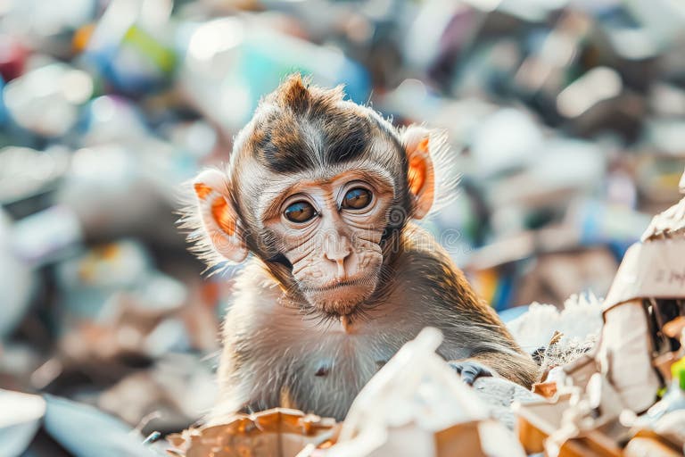 Baby Monkey is Looking at the Camera in a Trash Pile Stock Photo ...