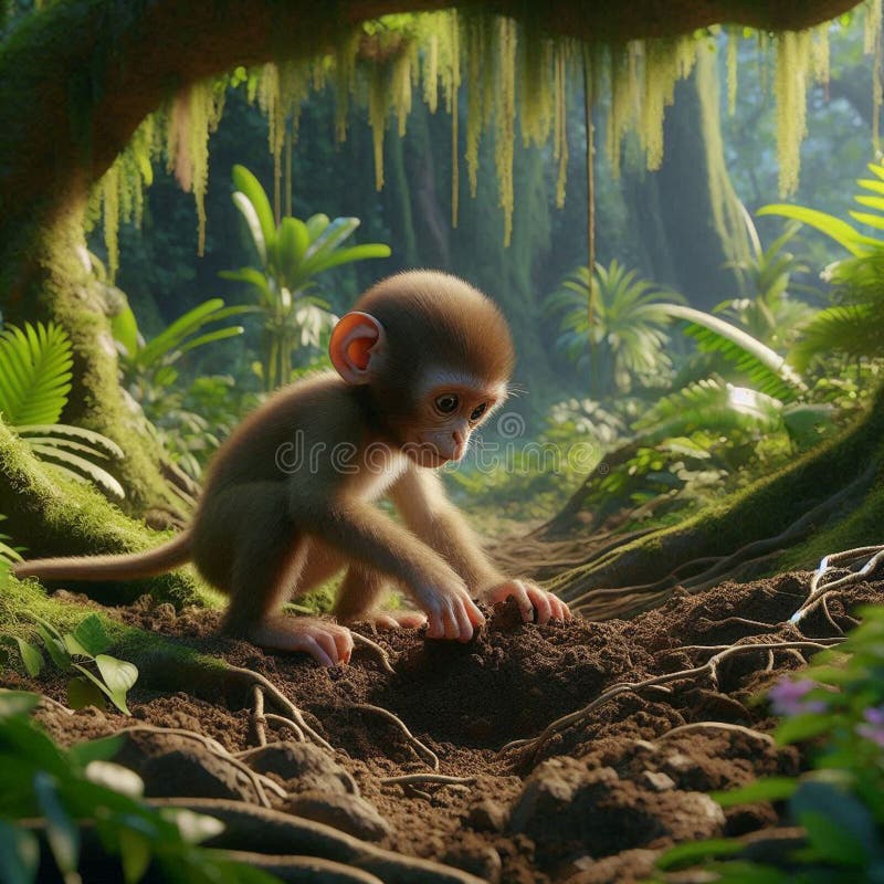 Baby Monkey is Looking for Something by Digging in the Ground, 3D Image ...