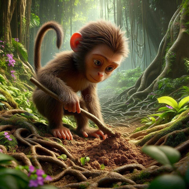 Baby Monkey is Looking for Something by Digging in the Ground, 3D Image ...