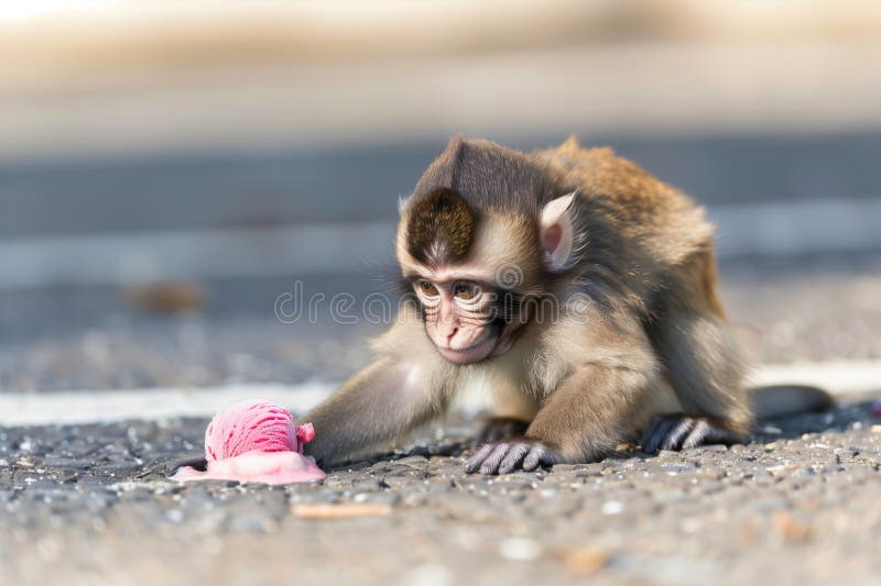 Baby Monkey with Melting Ice Cream on a Hot Pavement Stock Photo ...