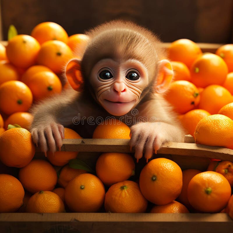 Baby Monkey Peeking Out of a Box of Oranges Stock Illustration ...