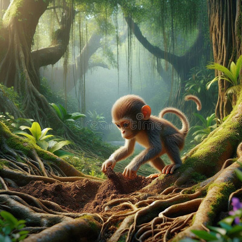 Baby Monkey is Looking for Something by Digging in the Ground, 3D Image ...