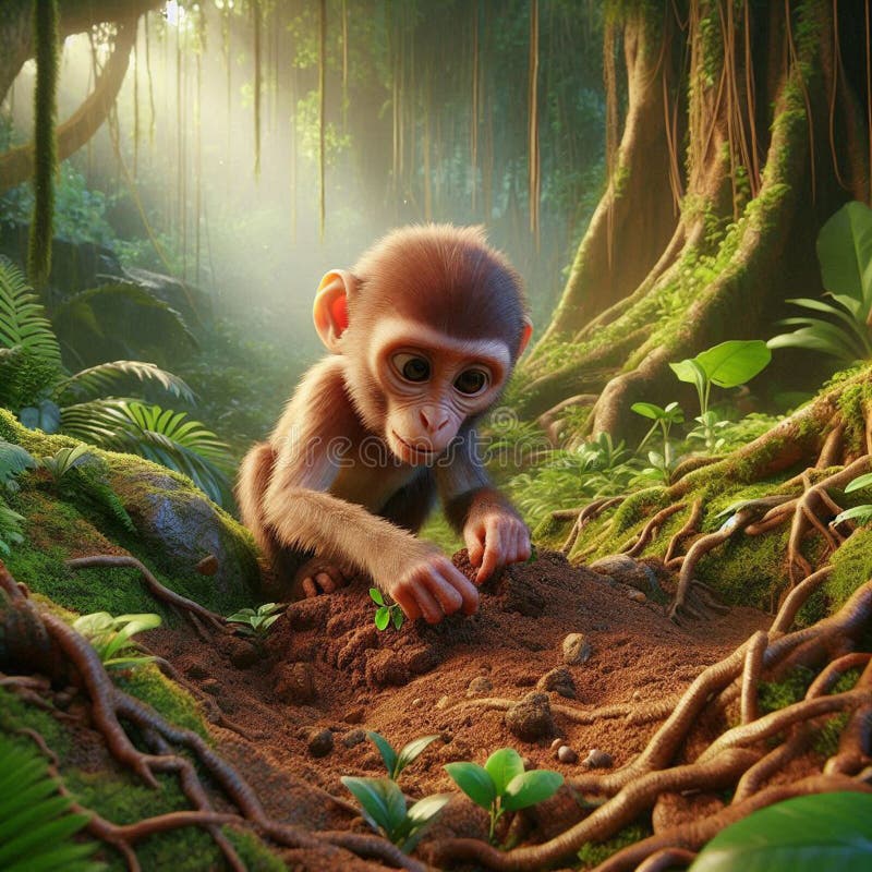 Baby Monkey is Looking for Something by Digging in the Ground, 3D Image ...