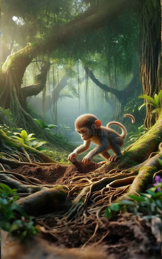 Baby Monkey is Looking for Something by Digging in the Ground, 3D Image ...