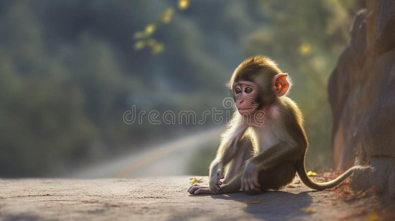 Baby Monkey Sitting Nervously on Path Stock Image - Image of sitting ...