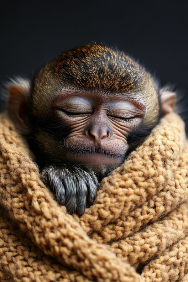 Baby Monkey Sleeping Peacefully, Wrapped in a Warm, Soft, Knitted ...