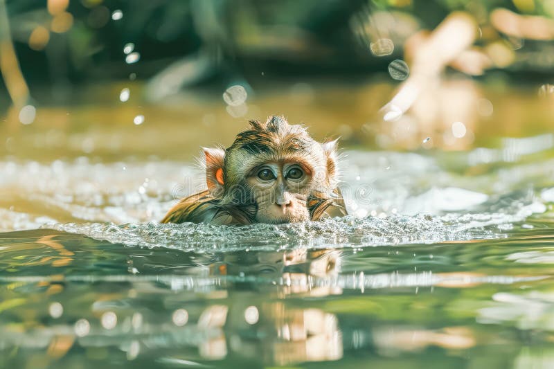 Baby Monkey is Swimming in a River Stock Image - Image of park ...