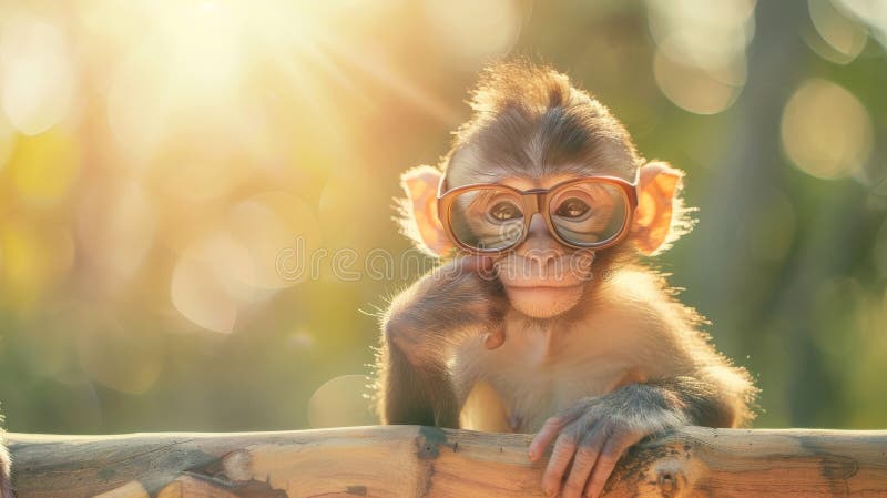 Baby Monkey Wearing Glasses in Sunlight Stock Illustration ...
