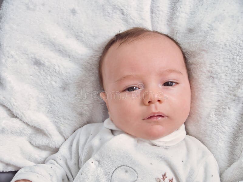 Baby, 2 Months Old, the Baby is Lying on a White Blanket, the Baby is ...