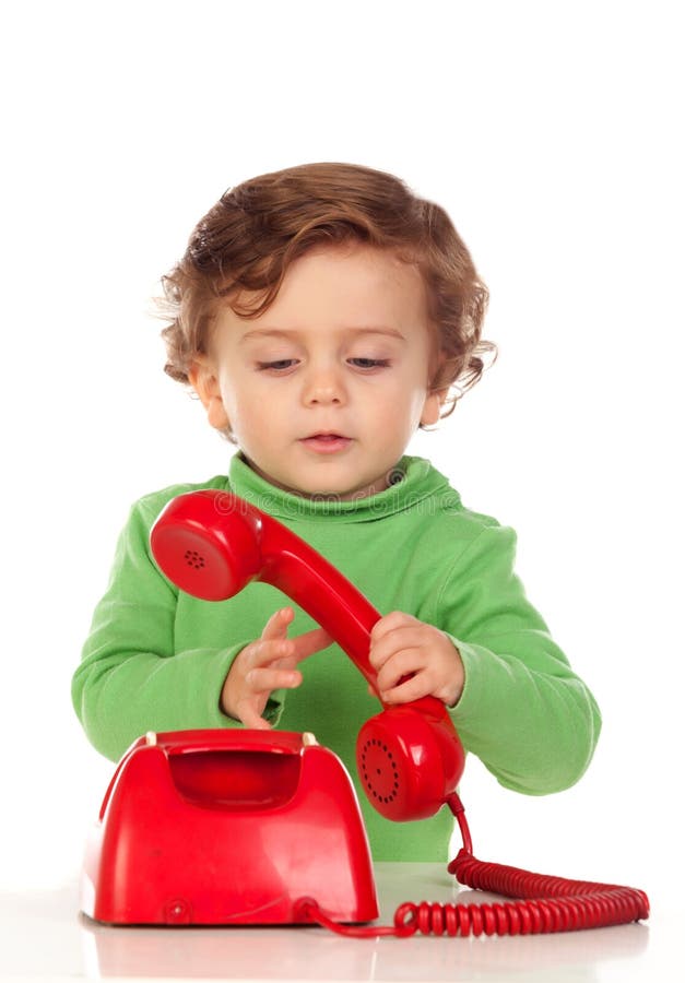 Baby with One Years Old Playing with a Red Phone Stock Photo - Image of ...