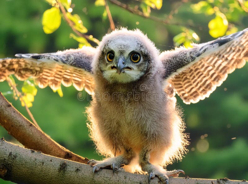 Baby Owl - Learning To Fly, Perched on a Tree Branch the Wings are ...