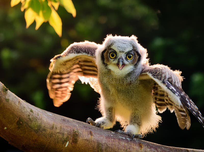 Baby Owl - Learning To Fly, Perched on a Tree Branch, Wings Spreaded ...