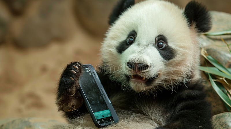 Baby Panda Bear with a Cell Phone. Generative Ai Stock Illustration ...