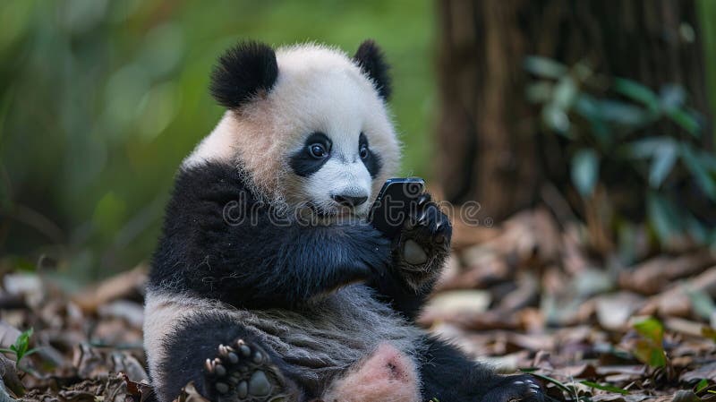 Baby Panda Bear with a Cell Phone. Generative Ai Stock Illustration ...