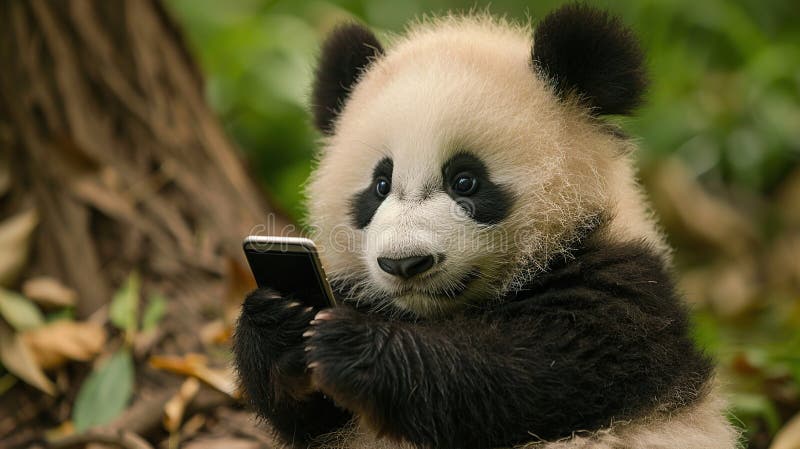Baby Panda Bear with a Cell Phone. Generative Ai Stock Illustration ...