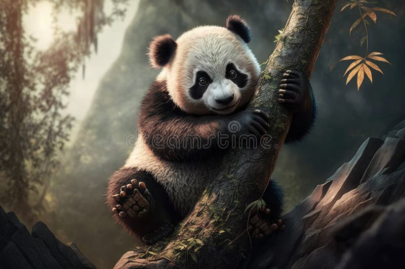 Baby Panda Bear Climbing a Tree in a Playful Pose Stock Image - Image ...