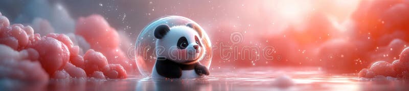 Playful Panda Floating in a Bubble with Sparkling Clouds in the ...