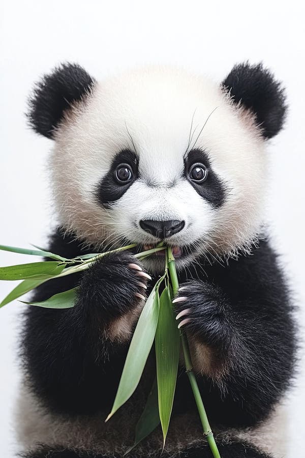 Baby Panda Funny Eating Bamboo Leaves on White Background. Generated by ...