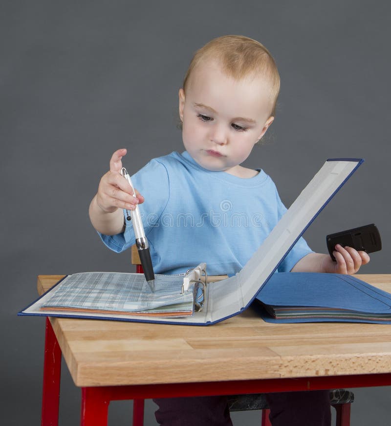 Baby with Paperwork at Wooden Desk Stock Image - Image of baby ...