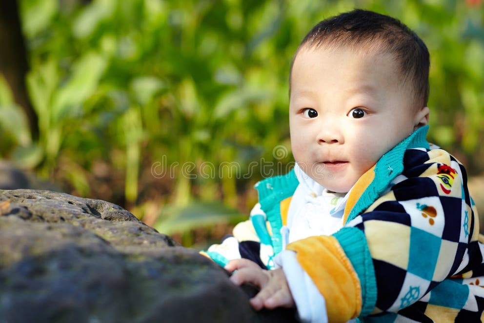Baby peep out of the stone stock image. Image of innocence - 48251433