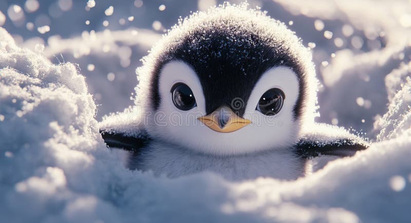 A Baby Penguin, Utterly Adorable, is Nestled in the Snow, Displaying a ...