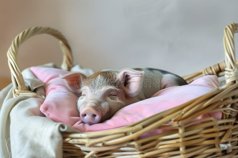 Baby Piglet Sleeping in Wicker Basket with a Pink Pillow Stock Image ...