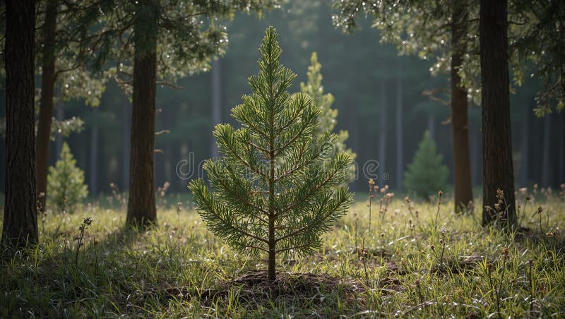 Baby Pine Tree in a Sunlit Forest Clearing Stock Illustration ...