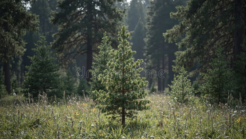 Baby Pine Tree in a Sunlit Forest Clearing Stock Illustration ...