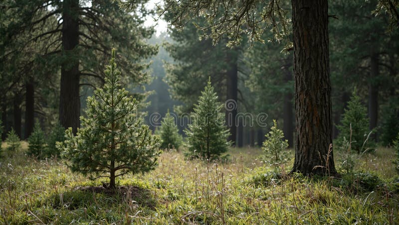 Baby Pine Tree in a Sunlit Forest Clearing Stock Illustration ...