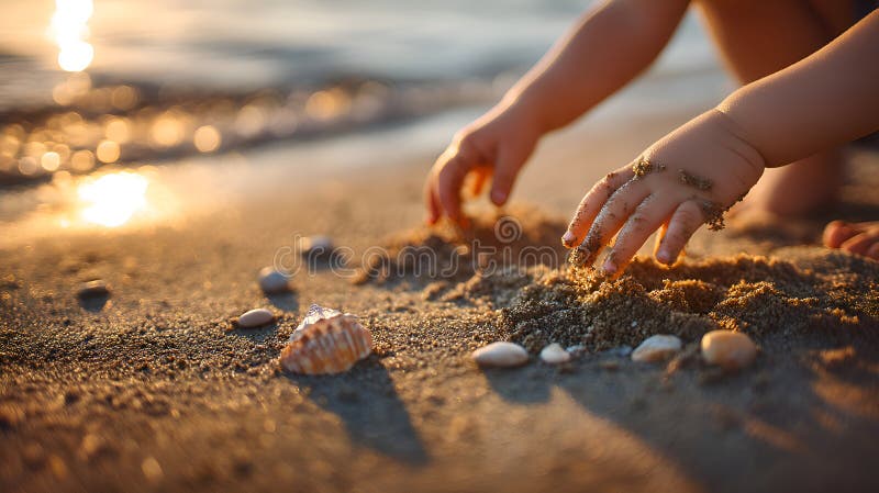 Baby Playing with Sand and Seashells on the Beach at Sunset Stock Image ...