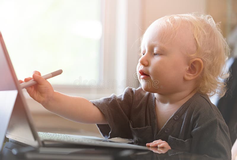 Baby Playing with Laptop Computer . Stock Photo - Image of adult ...