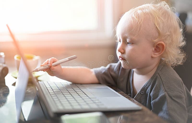Baby Playing with Laptop Computer . Stock Image - Image of adult ...