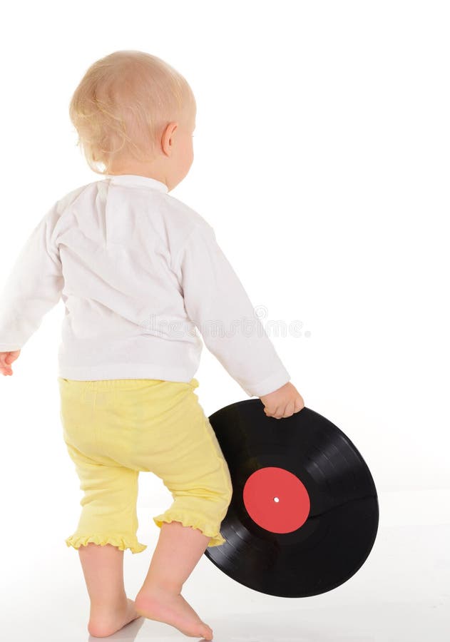 Baby Playing with Old Vinyl Record on White Background Stock Photo ...