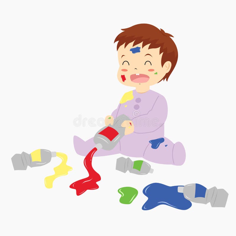 Baby Playing with Paint Paste, Cartoon Vector Stock Vector ...