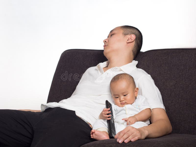 Sleeping Dad while Taking Care of Baby Stock Image - Image of hand ...