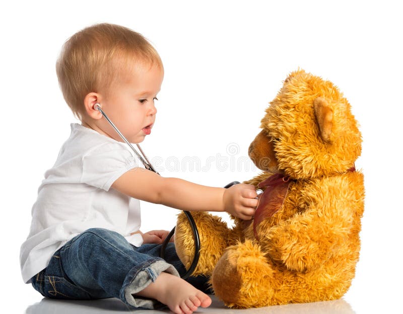 Baby Plays in Doctor Toy Bear and Stethoscope Stock Image - Image of ...