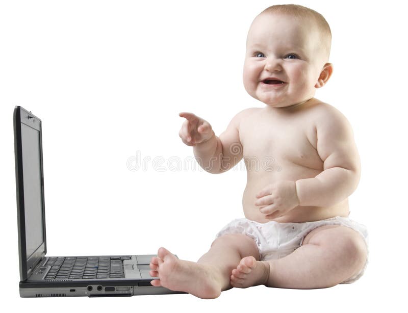 Baby Pointing and Laughing Working on Laptop. Stock Photo - Image of ...