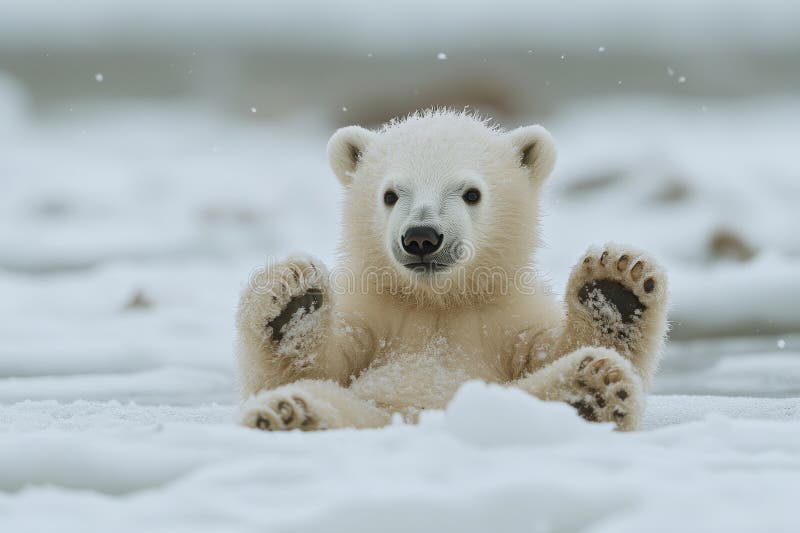 Baby Polar Bear Relaxing on Icy Beach, Displaying Endearing Posture and ...