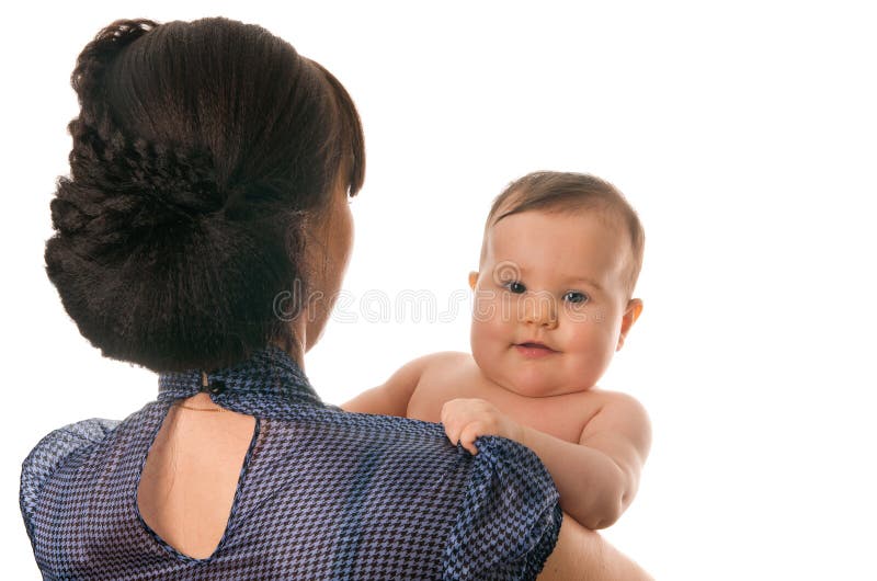 Baby Watching Over Shoulder Stock Photo - Image of stripe, portrait ...