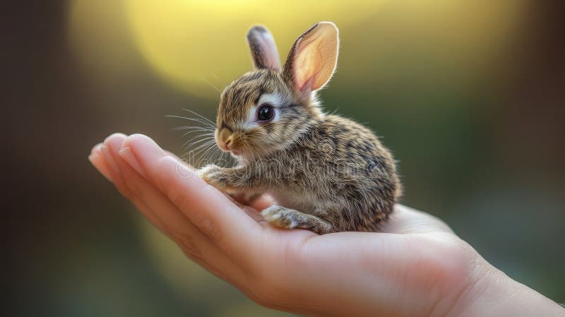 Baby Rabbit in Hand with Soft Focus and Warm Lighting Stock Photo ...