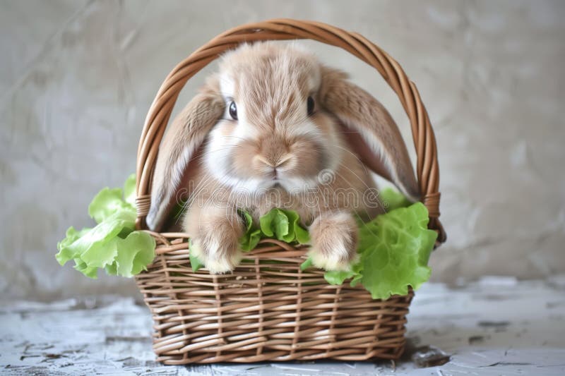 Baby Rabbit with Long Ears in Wicker Basket with Lettuce Stock Photo ...