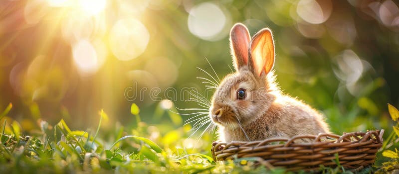 Baby Rabbit Sitting in Grass Basket Stock Image - Image of spring ...