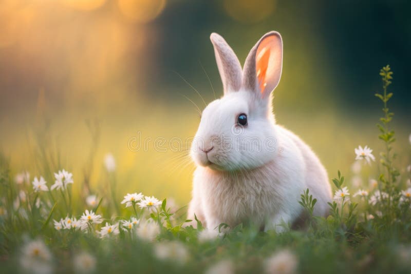 Baby Rabbit in Spring Green Grass with Flowers. Generative AI Stock ...