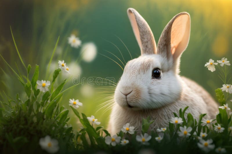 Baby Rabbit in Spring Green Grass with Flowers. Generative AI Stock ...