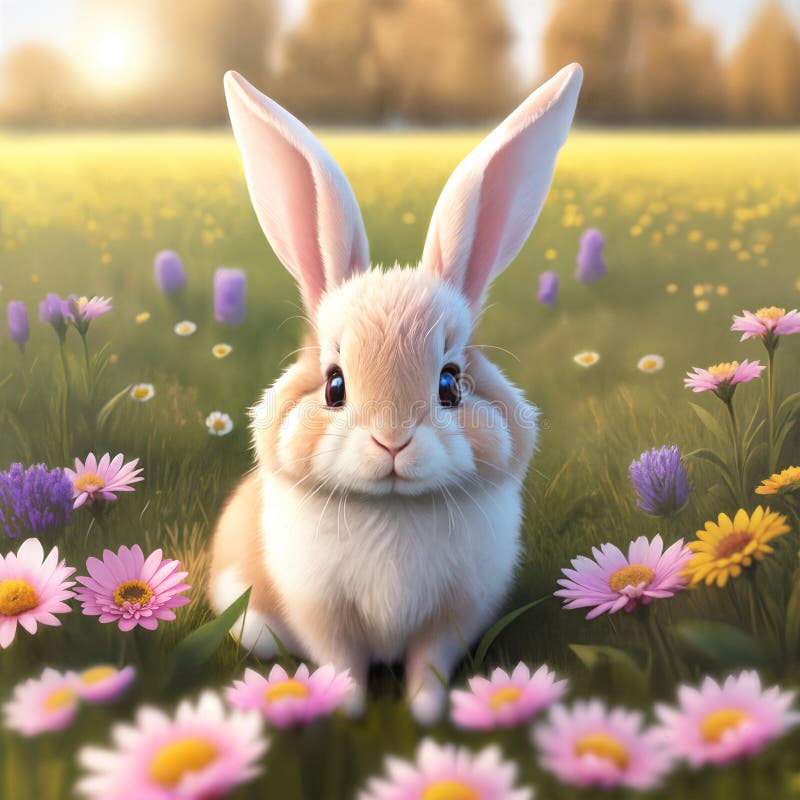 A Baby Rabbit on Summer Meadow. Generative AI Stock Illustration ...