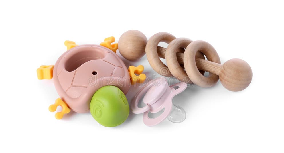 Baby Rattles and Pacifier Isolated on White Stock Photo - Image of ...
